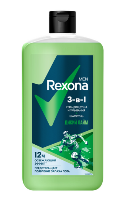 Гель для душа умывания и шампунь Rexona men, 3 в 1, Дикий лайм, 750 мл