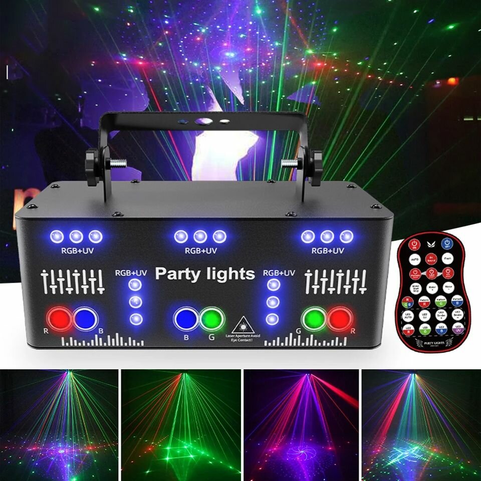 21-луночный RGB Party Light, DJ Disco Beam Patterns Сценический лазерный световой проектор RGB UV LED Strobe Sound Свадебная лампа
