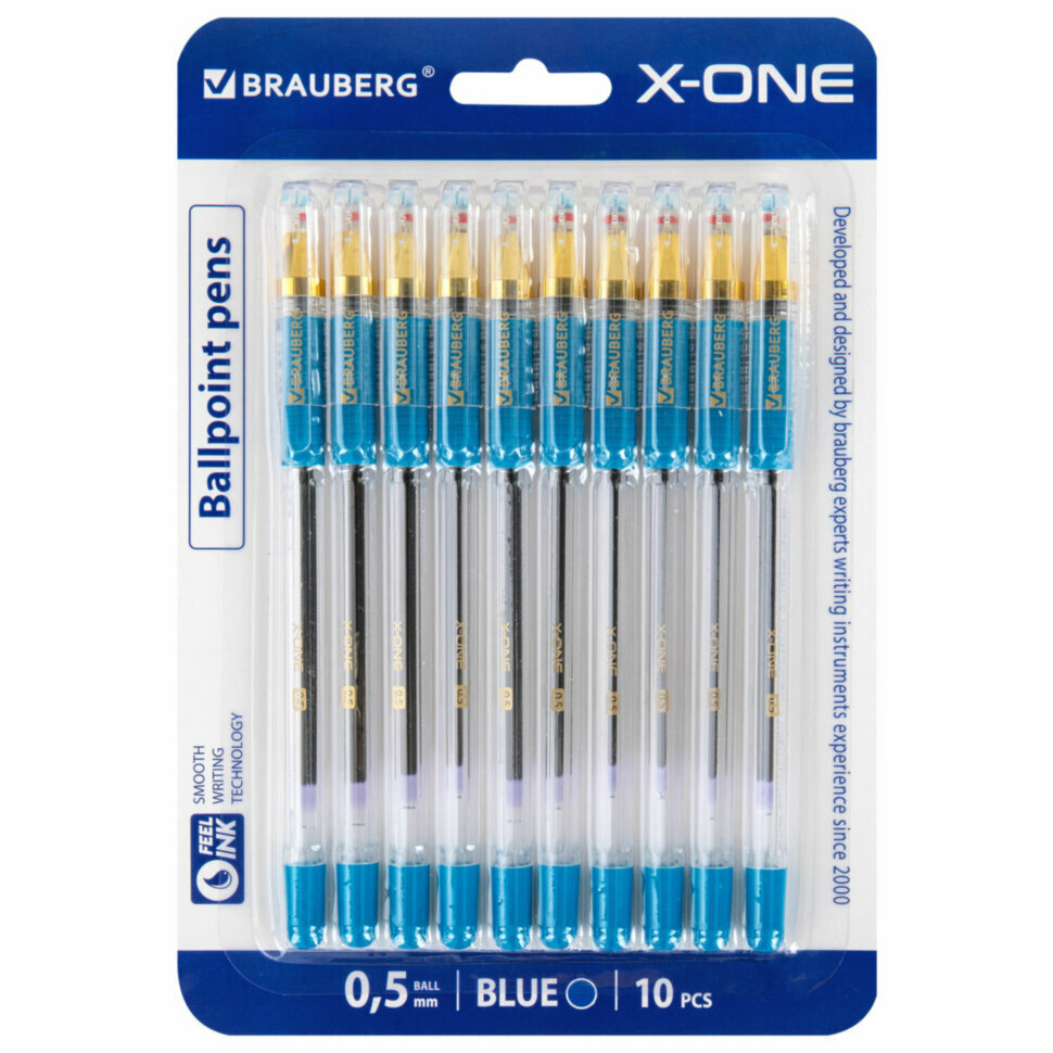 Ручки шариковые с грипом BRAUBERG "X-ONE", набор 10 штук, синие, корпус прозрачный, узел 0,5 мм, линия письма 0,35 мм, 143990, 143990