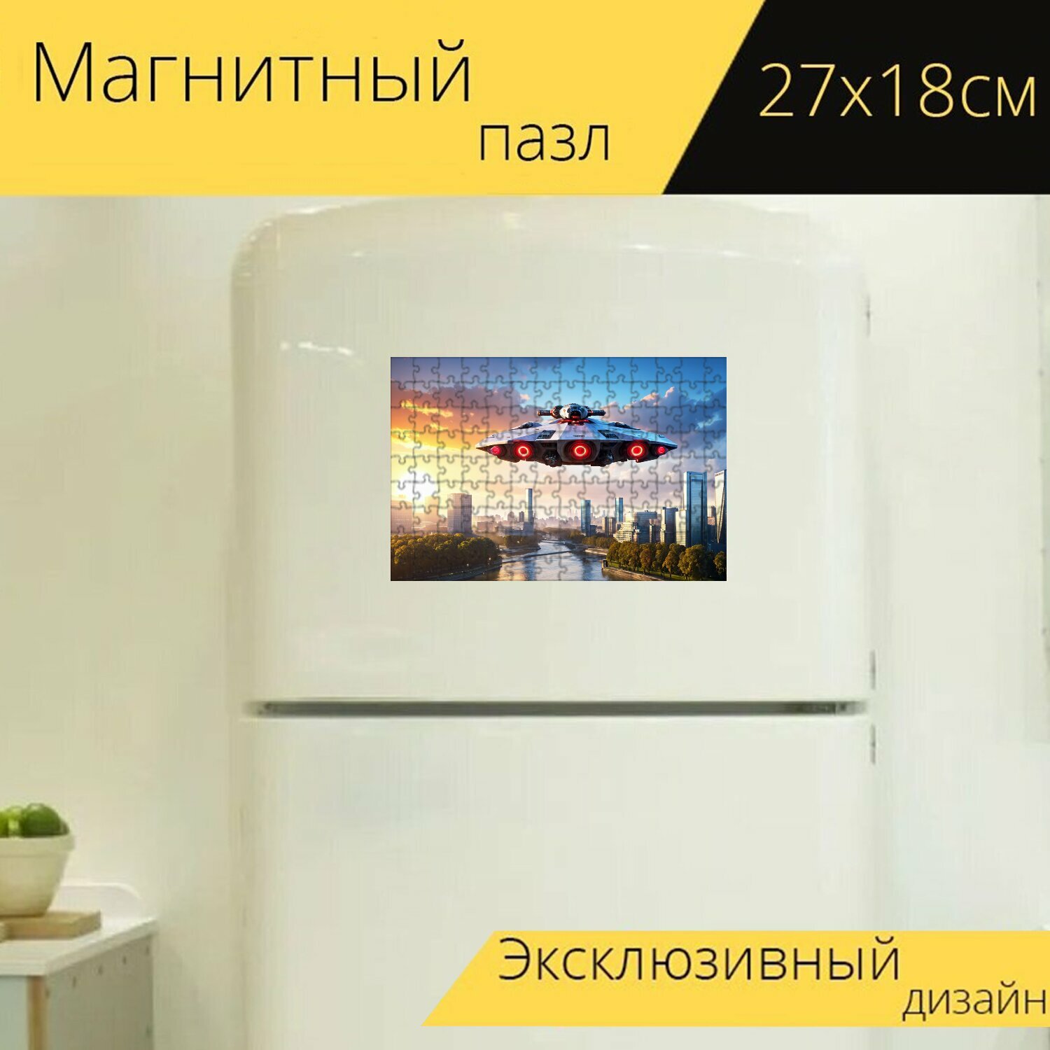 Магнитный пазл "Космический корабль с яркими красными деталями летит над современным городом под ярким закатом. Небо насыщенных оттенков синего." на холодильник 27 x 18 см.