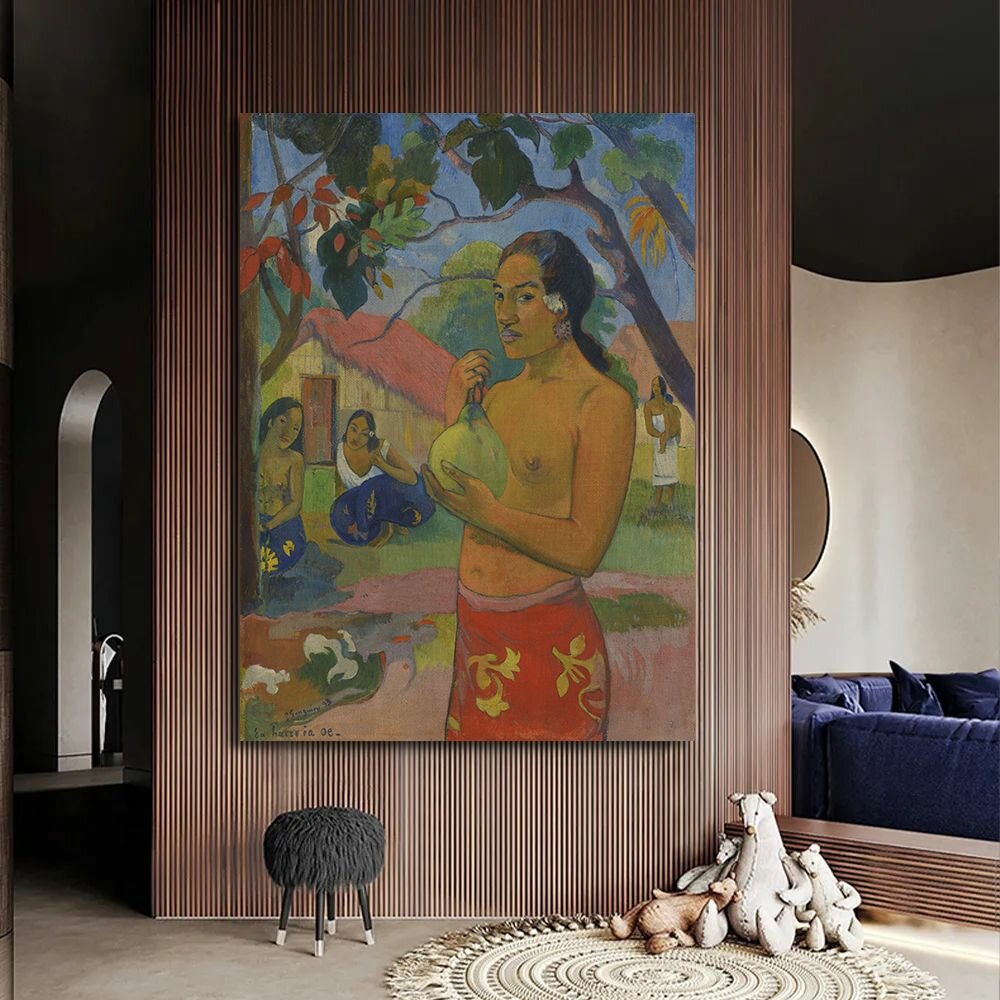 Поль Гоген "Женщина, держащая плод", Картина репродукция, 60х80 см.