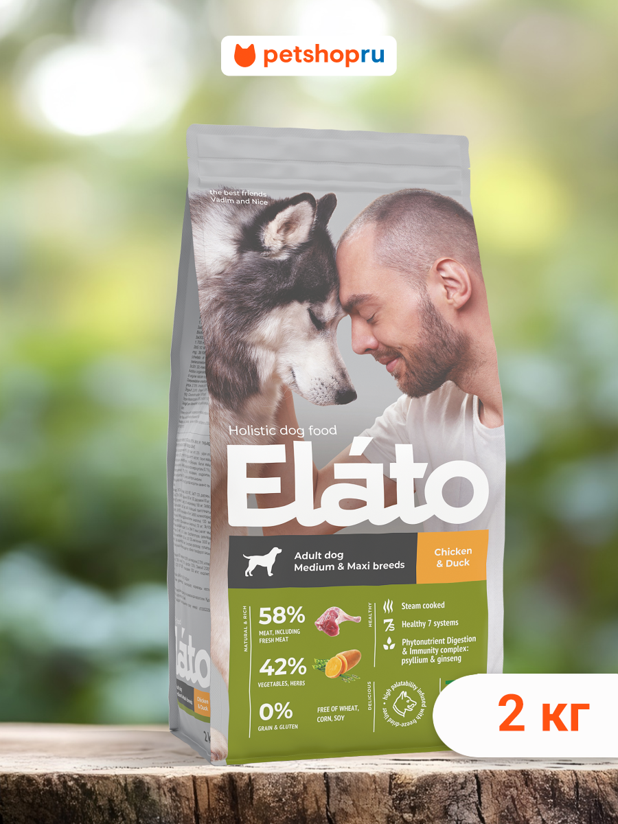 Elato Сухой корм для взрослых собак средних и крупных пород с курицей и уткой, 2кг