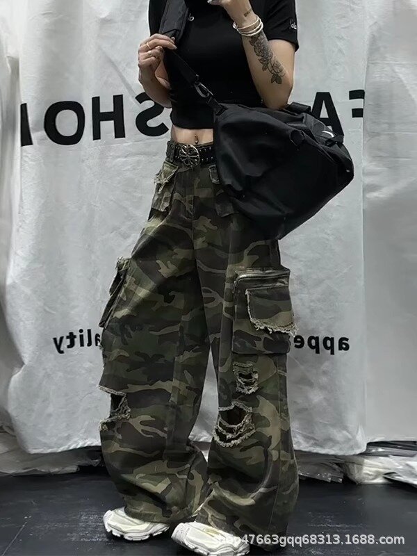 Охоты Брюки JYL Дамские джинсы: Американский хай-стрит, летние, камуфляж, рваные, высокая талия, прямой Чистый цвет талии_M