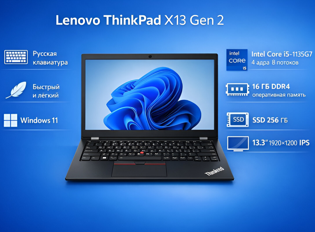 Ноутбук Lenovo ThinkPad X13 Gen2 черный 13.3" русский Core i5-1135G7/16gb DDR4/FullHD/IPS + подарок