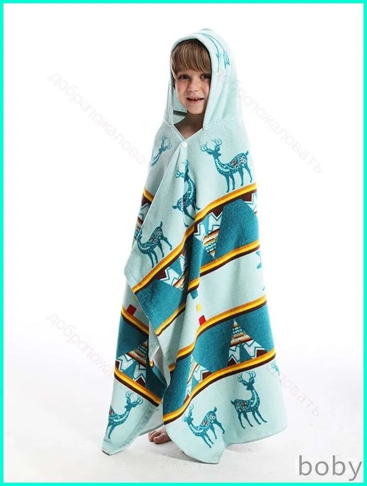 Детское полотенце-пончо с капюшоном, светло-зеленый, с рисунком оленей, 100х100