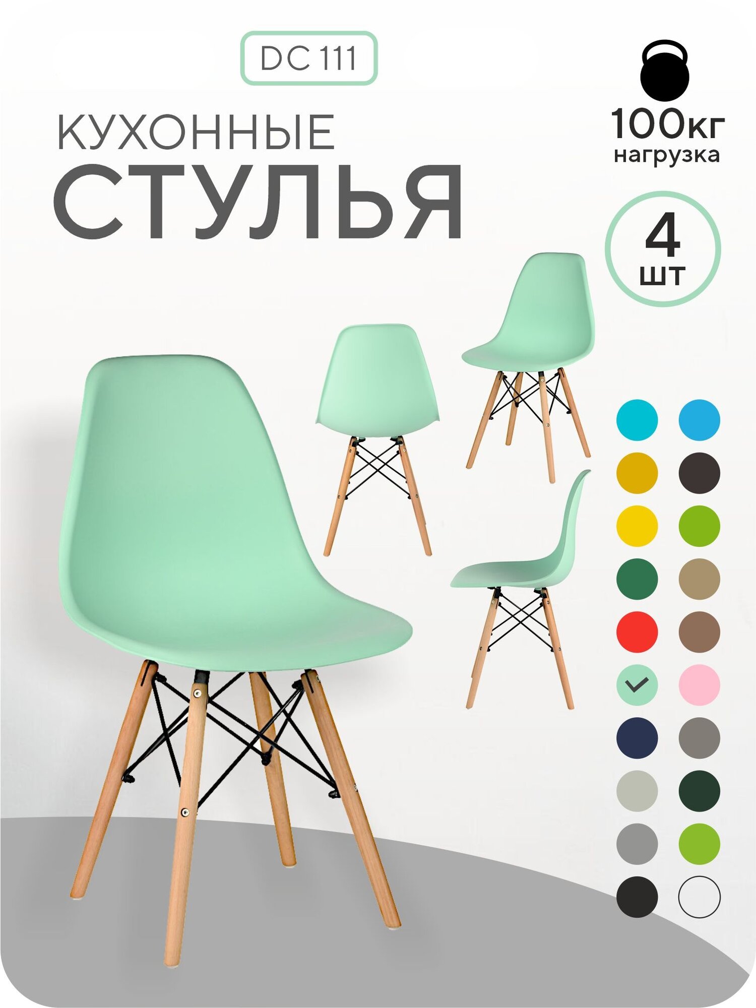 Cтулья для кухни со спинкой пластиковые, комплект 4 шт, мятный