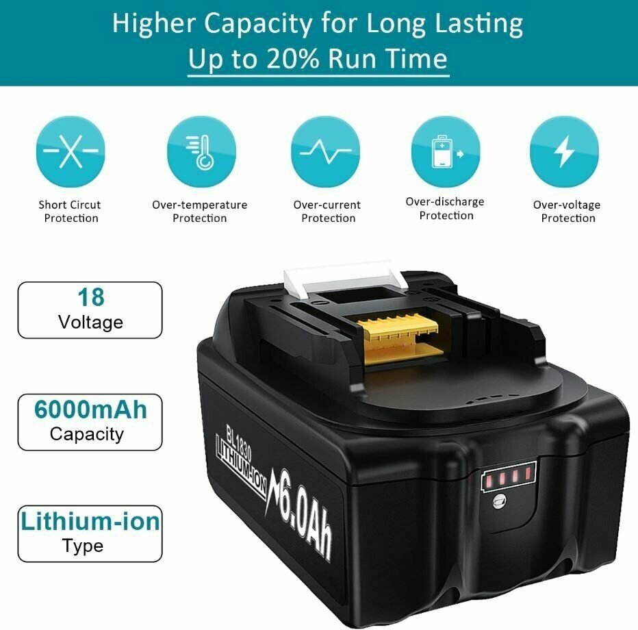 Аккумулятор для электроинструмента Makita BL1830, BL1830B, BL1840B, BL1850, BL1850B, BL1860B, 18V 6.0Ah Li-Ion