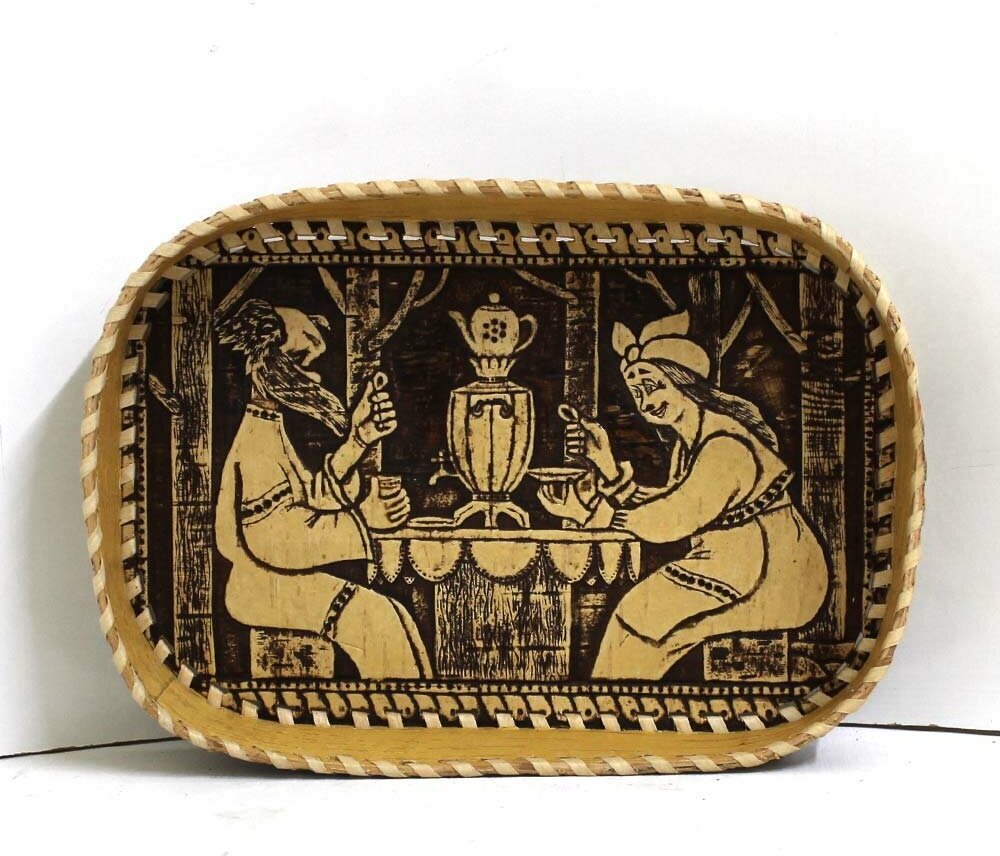 Поднос береста "Чаепитие", дерево, 24x16x4.5 см, с рисунком, бежевый
