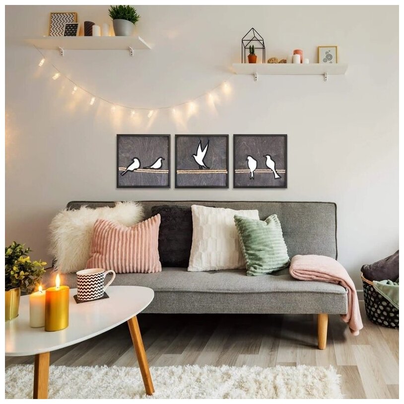 Настенное панно/декор из дерева для дома и офиса Голуби (3 модуля)