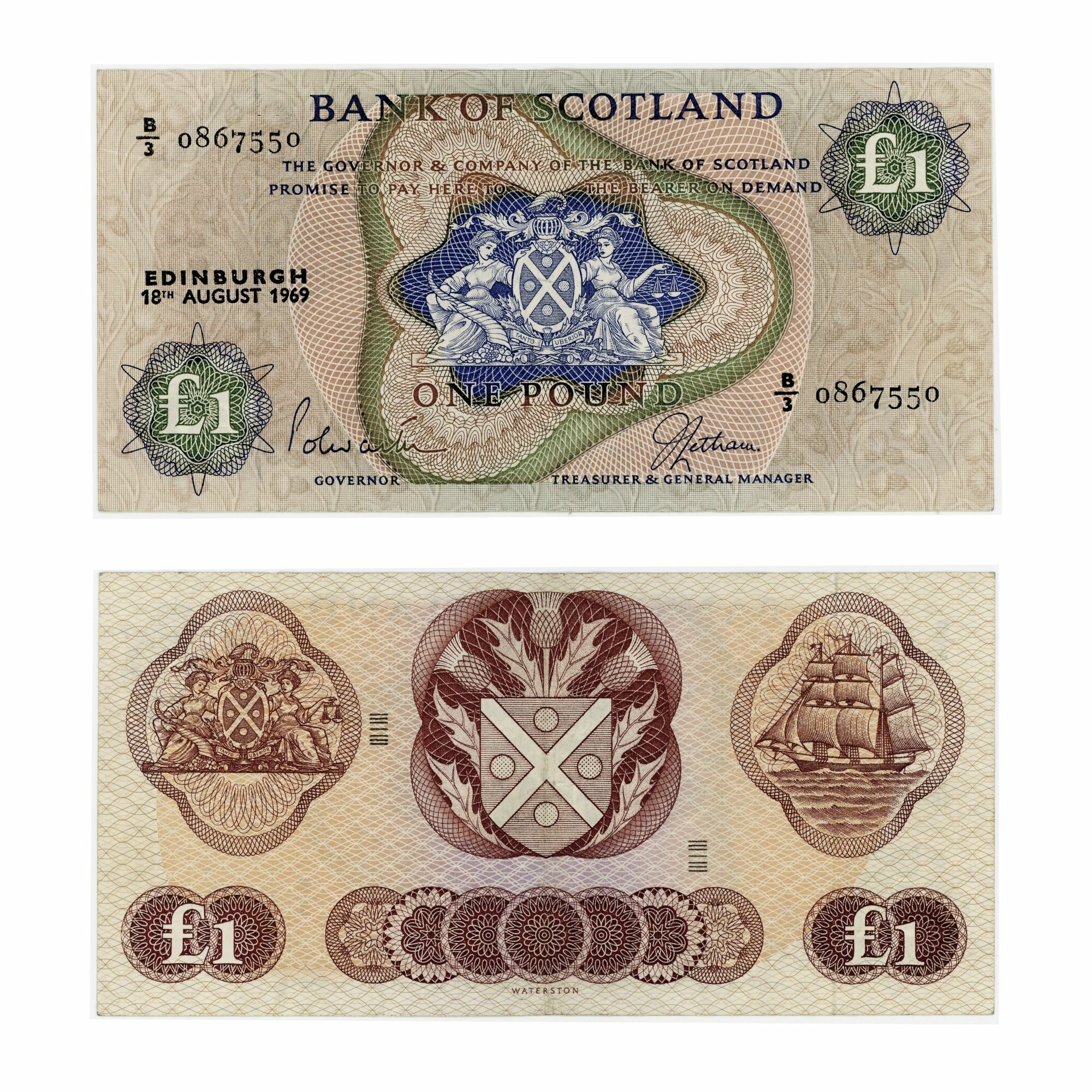 Банкнота Шотландия 1 фунт ONE POUND 1969 год Very Fine (VF) Pick 109