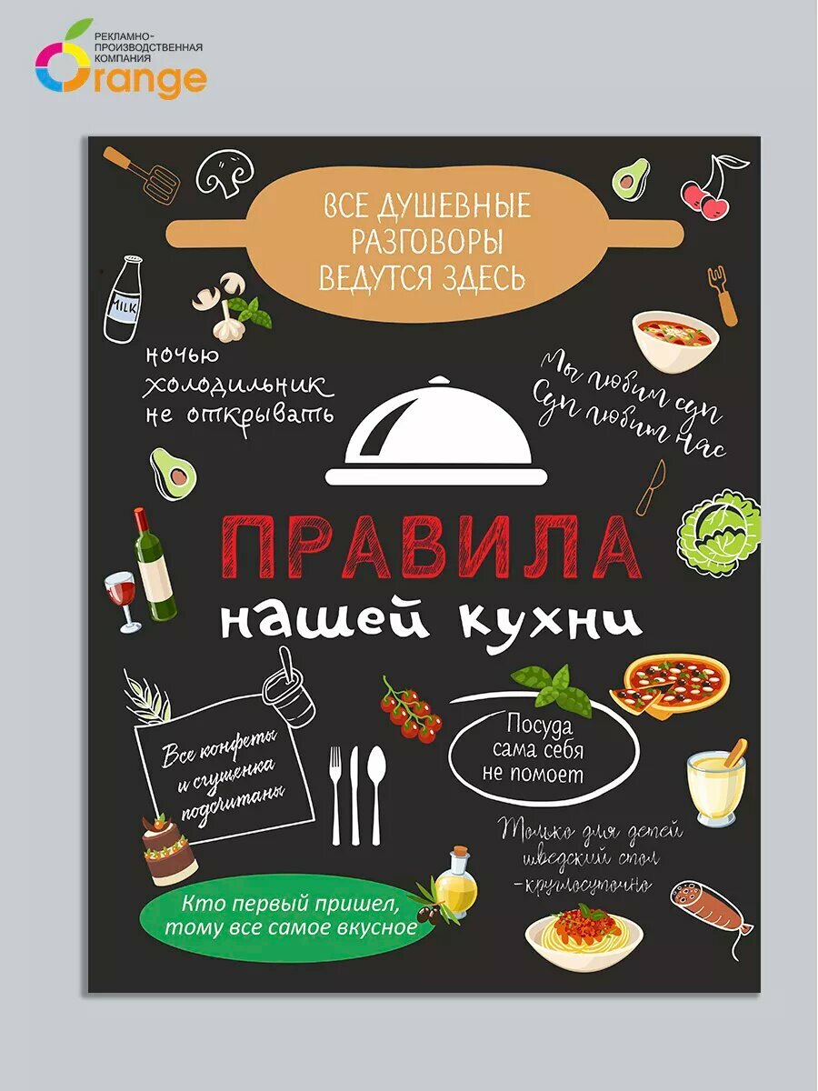 Постер на стену Правила кухни 30х40см, синтетический холст, на подрамнике