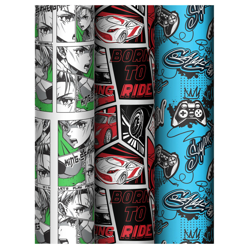 Упаковочная бумага глянц. 70*100см, MESHU "Cool boys", 80 г/м2, ассорти, 3 дизайна, 372620