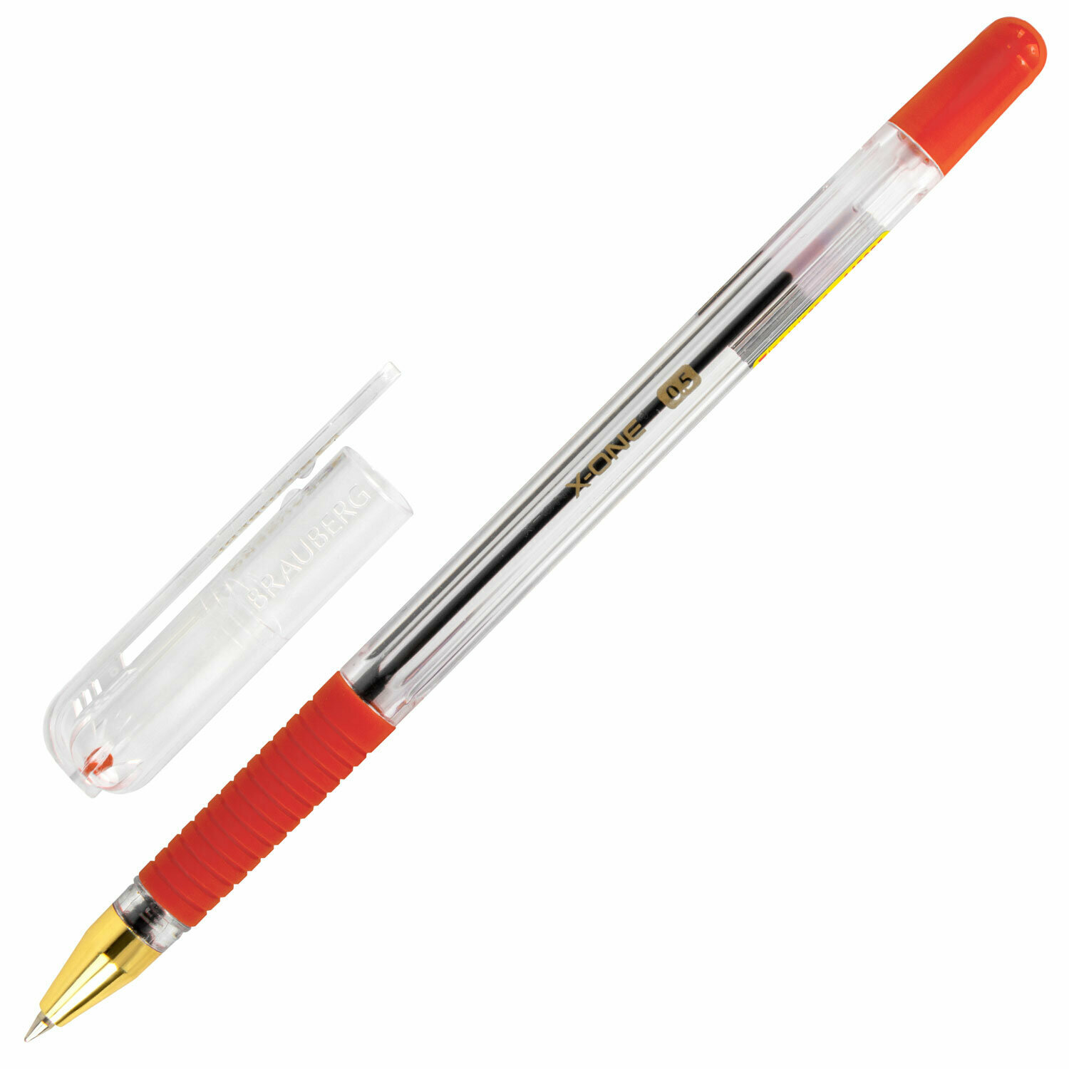 Ручка шариковая с грипом BRAUBERG "X-ONE", красная, корпус прозрачный, узел 0,5 мм, линия письма 0,35 мм, 143989 (упаковка 12 шт.)