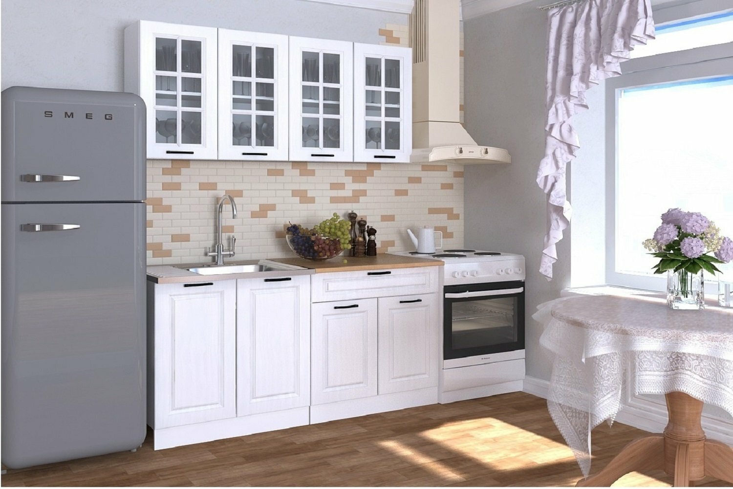 Кухонный гарнитур Белый Вегас, длина 1600 мм, фасады МДФ, столешница Бунратти