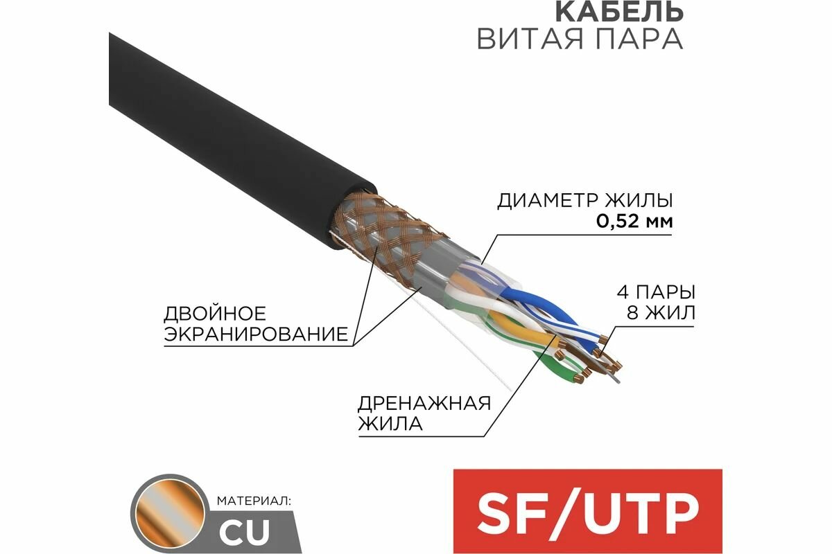 Кабель витая пара REXANT SFTP, 4PR, 24AWG, CAT5e, наружный, бухта 305м 01-0344
