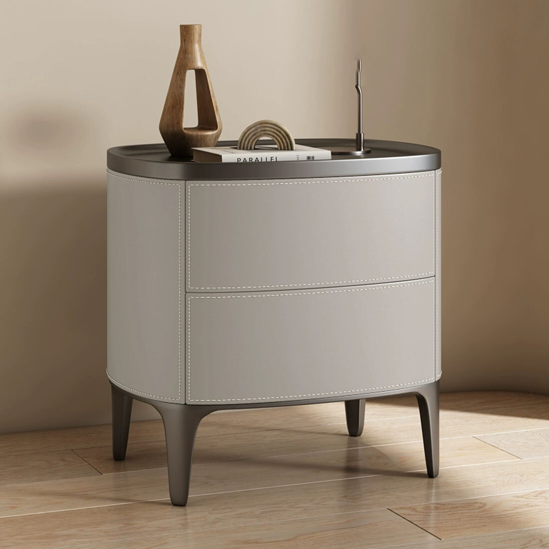 Кожаная прикроватная тумбочка Patricia, 2 ящика (светло-серый)