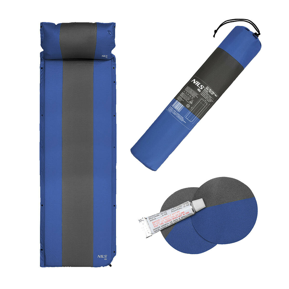 Decathlon Самонадувающийся походный коврик Nils Camp NC4349, 193x58x3 см, с ремнями и чехлом, синий/серый