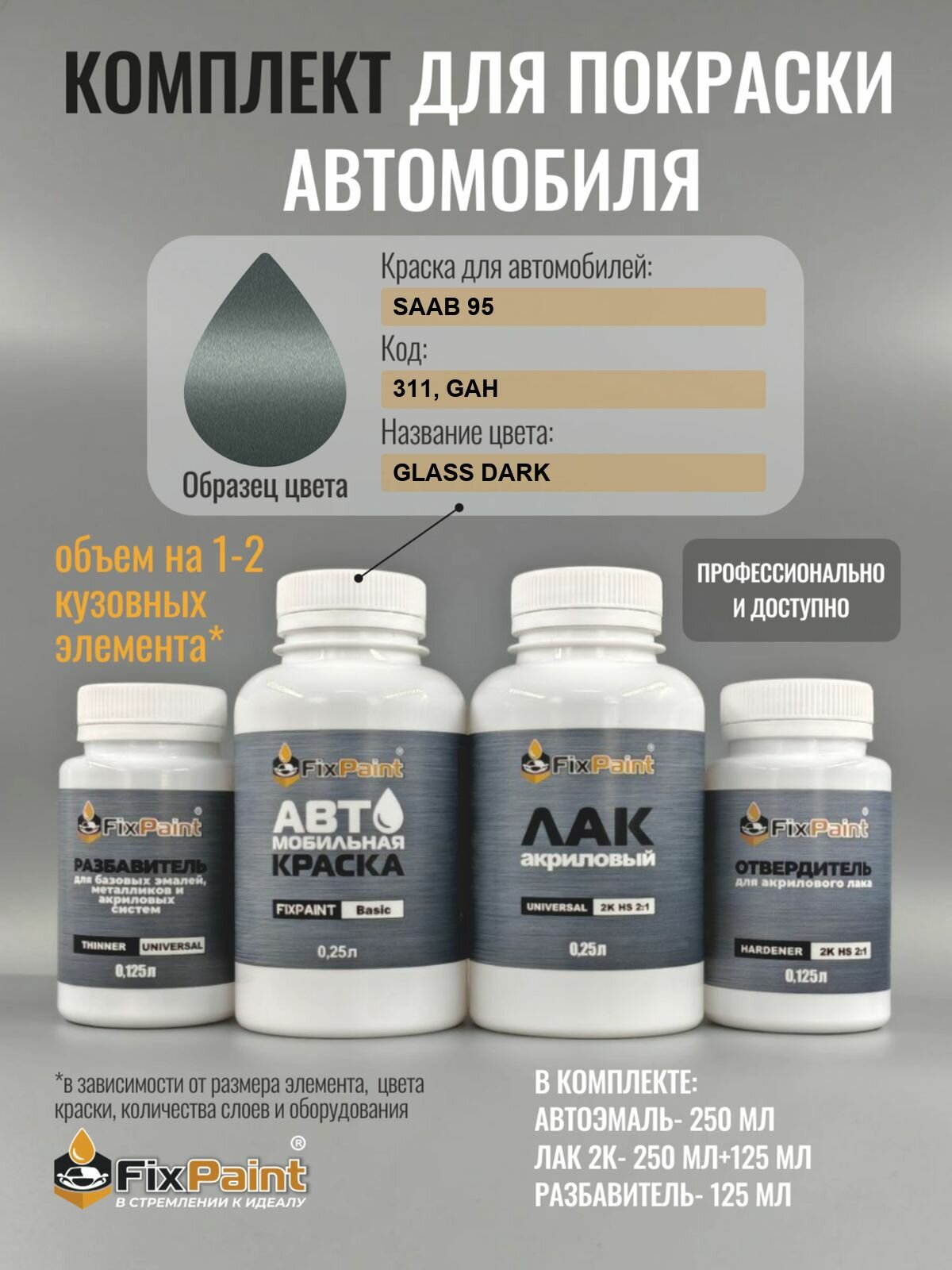 Комплект для покраски SAAB 95, код 311, GAH, GLASS DARK, базовая автомобильная краска 250 мл, лак 2K 250 мл с отвердителем, разбавитель 125 мл, FixPaint Pro