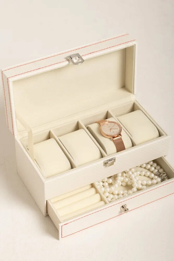 Шкатулка для часов и украшений белая для 4 часов, 2 яруса