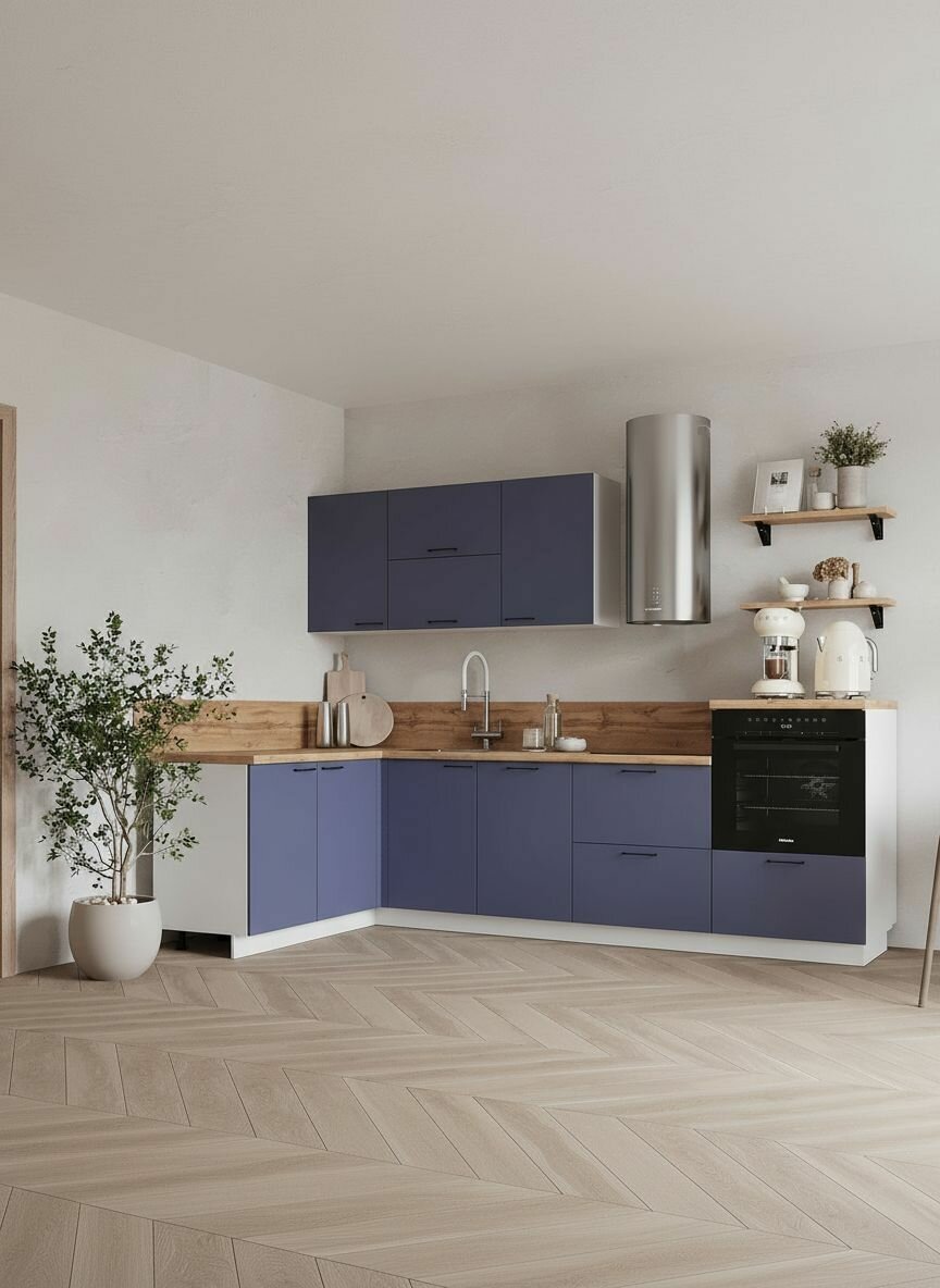 ARNIKA Кухонный гарнитур со столешницей "Дакия" угловой 1,5мх2,7м (с пм) , цвет ежевика (синий), фасад пленка ПВХ