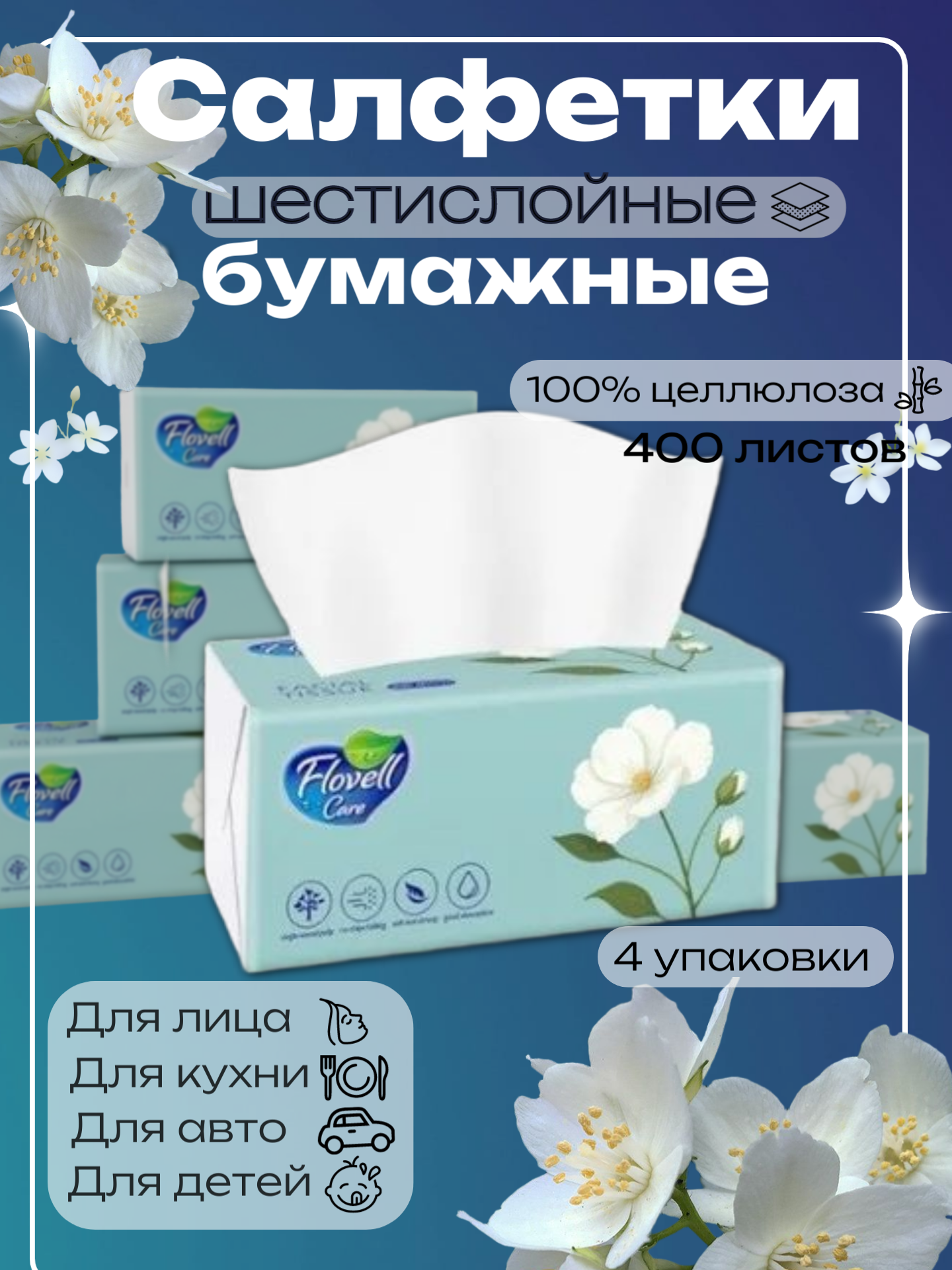 Салфетки бумажные безворсовые Flovell Care 6-слойные гипоаллергенные в мягкой упаковке