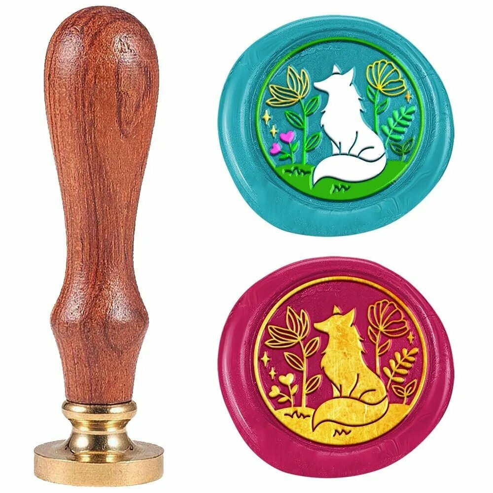 1 шт, восковая печать Лиса в саду, цветок , 1 дюйм, съемная латунная головка с деревянной ручкой, винтажная тисненая буква, восковая печать