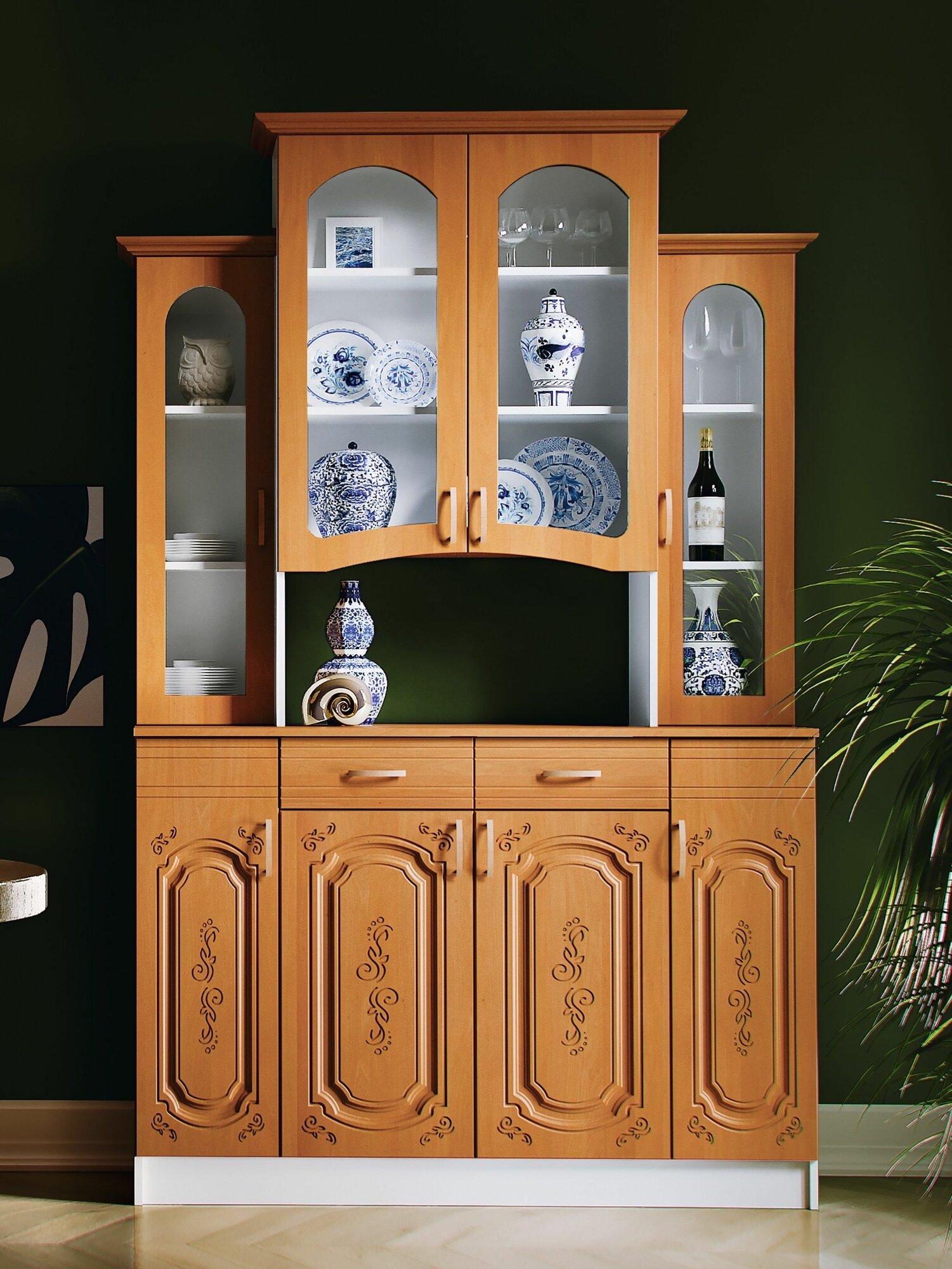 Буфет для кухни Лиза 2, кухонный шкаф витрина для посуды напольный с фасадами МДФ, 140х43х225 см, Ольха матовый/Белый