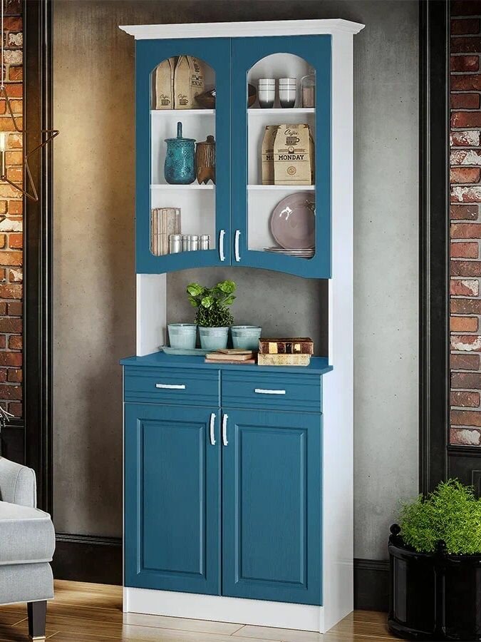 Буфет для кухни Констанция, кухонный шкаф для посуды напольный с фасадами МДФ, 80х225х43 см, Джинс/Белый