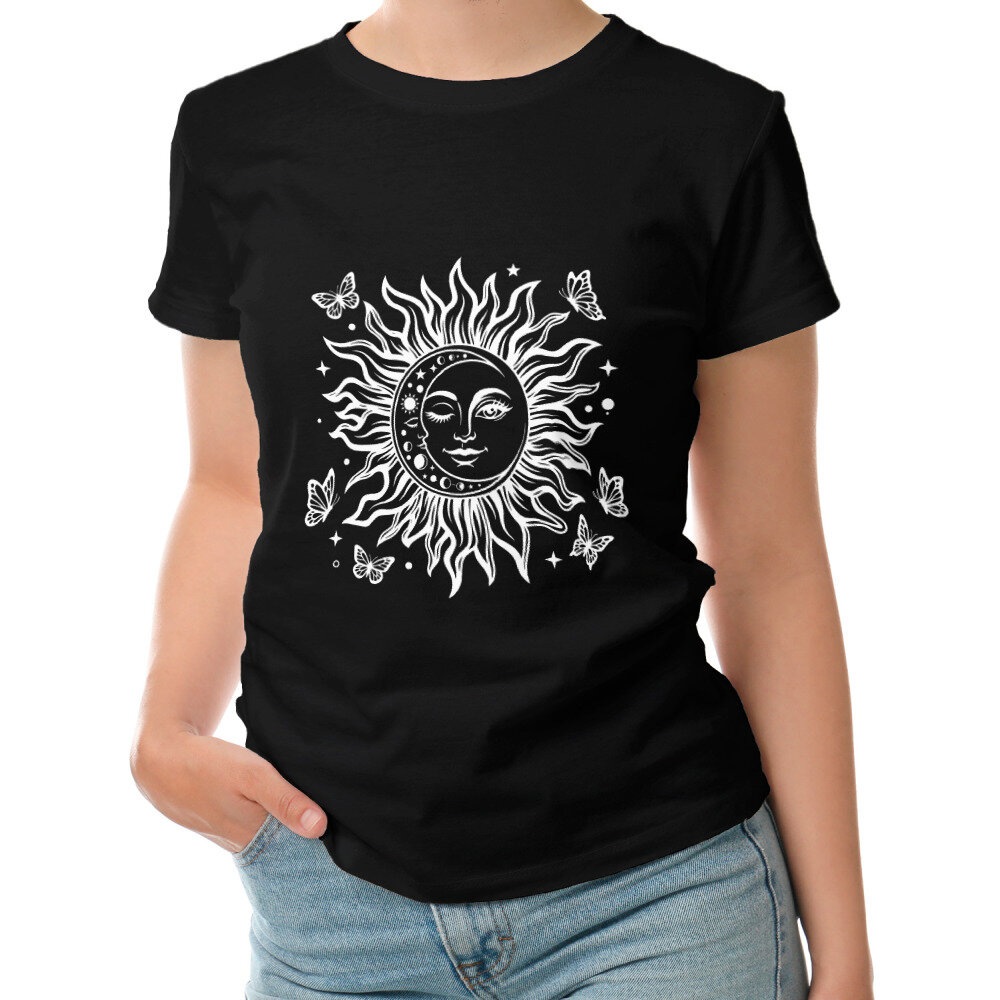 Женская футболка «Мистический белый принт солнце, луна и звезды» (черный, L)
