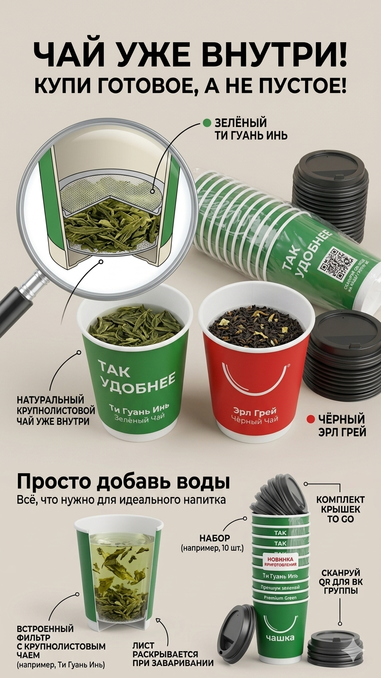 Чай листовой зеленый Ти гуань Инь в бумажных стаканах с фильтром и крышкой формата To Go, набор 10 шт.