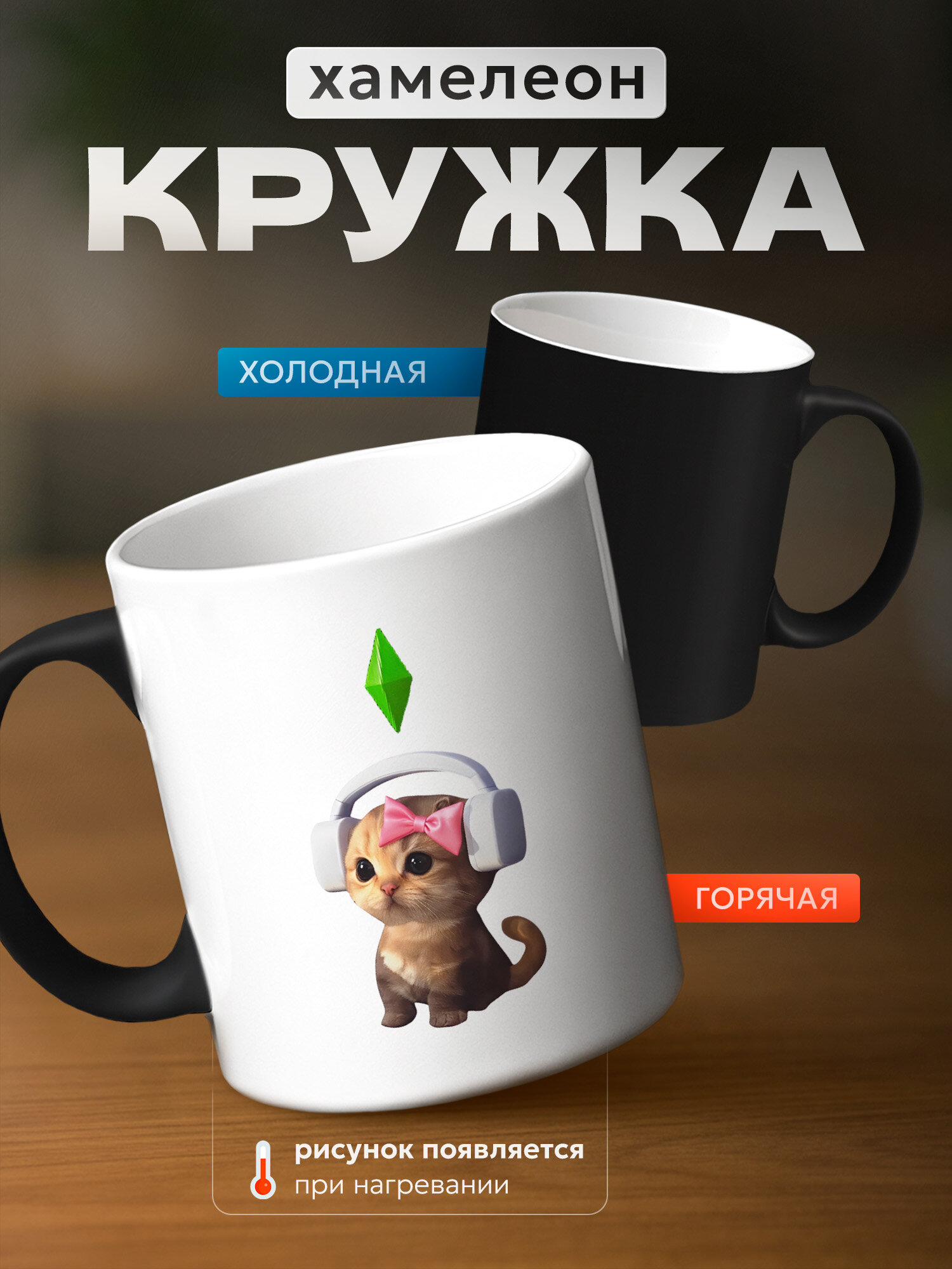 Кружка хамелеон кот в наушниках мем