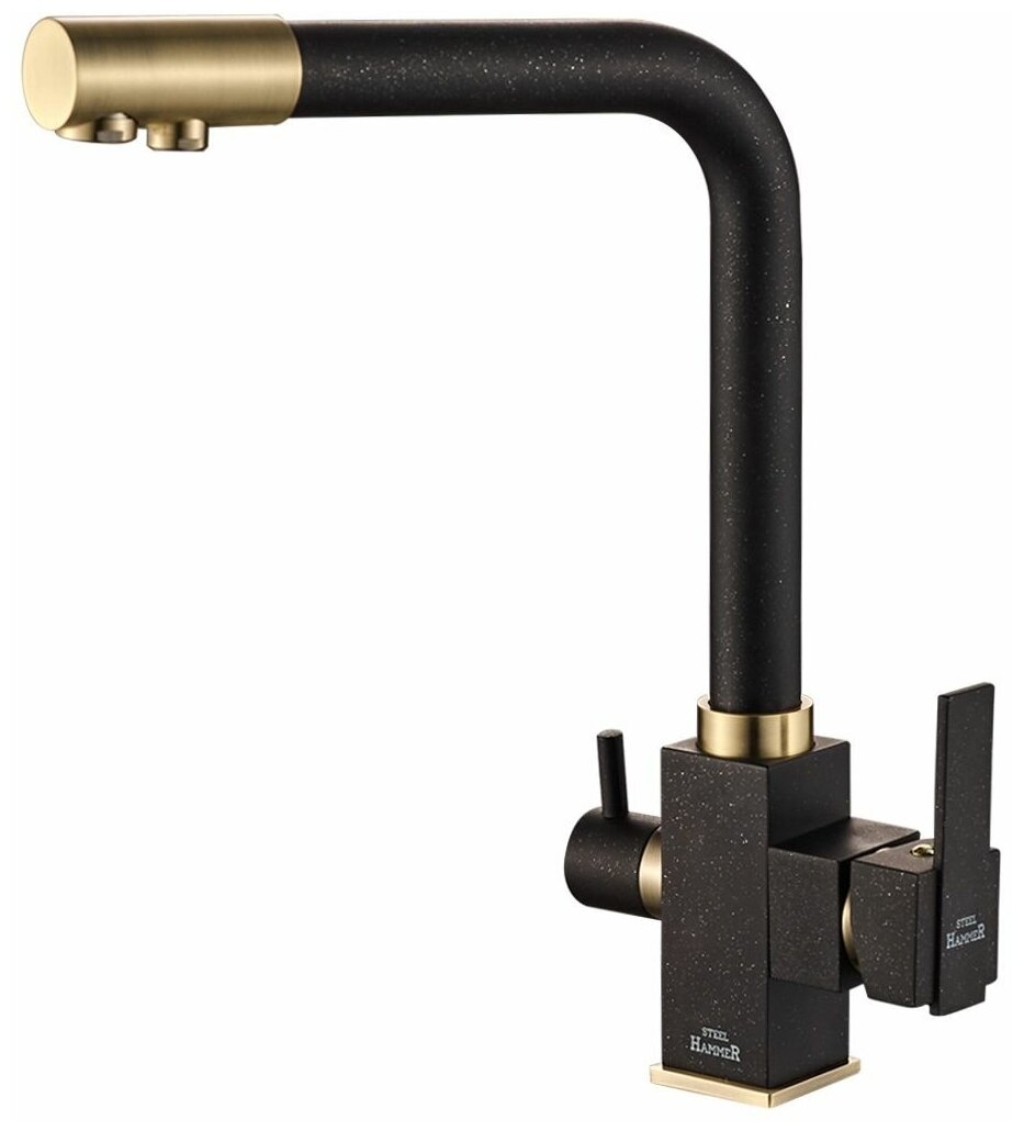 Смеситель ZorG Steel Hammer SH 805 BLACK BR для кухонной мойки, черный гранит бронза, под фильтр 2в1, квадратный