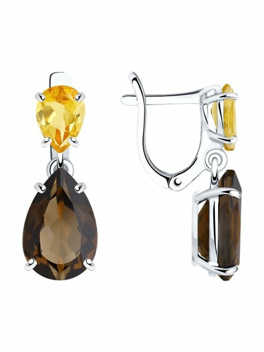 Серьги, серебро, 925 проба, родирование, цитрин, раухтопаз