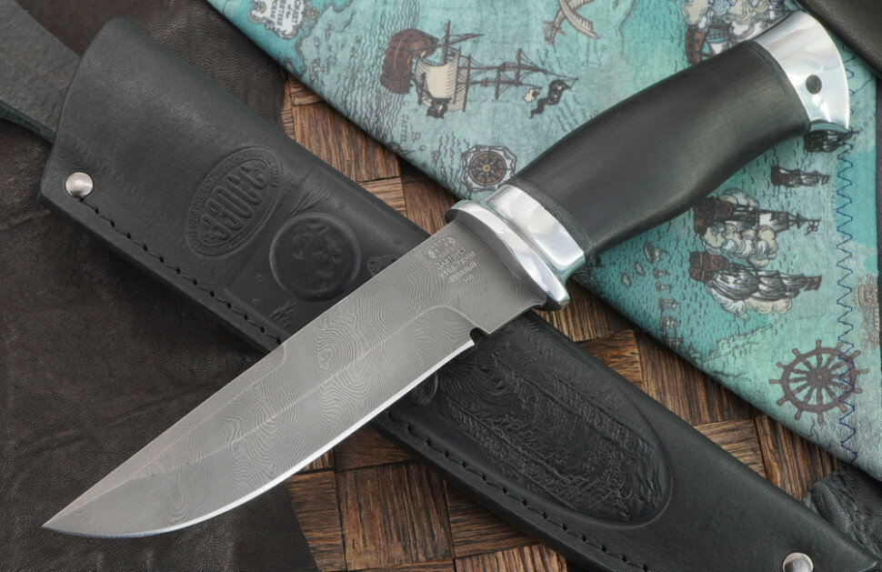 Нож ззосс Н8, сталь черный дамаск У10А/7ХНМ, рукоять дюраль, граб