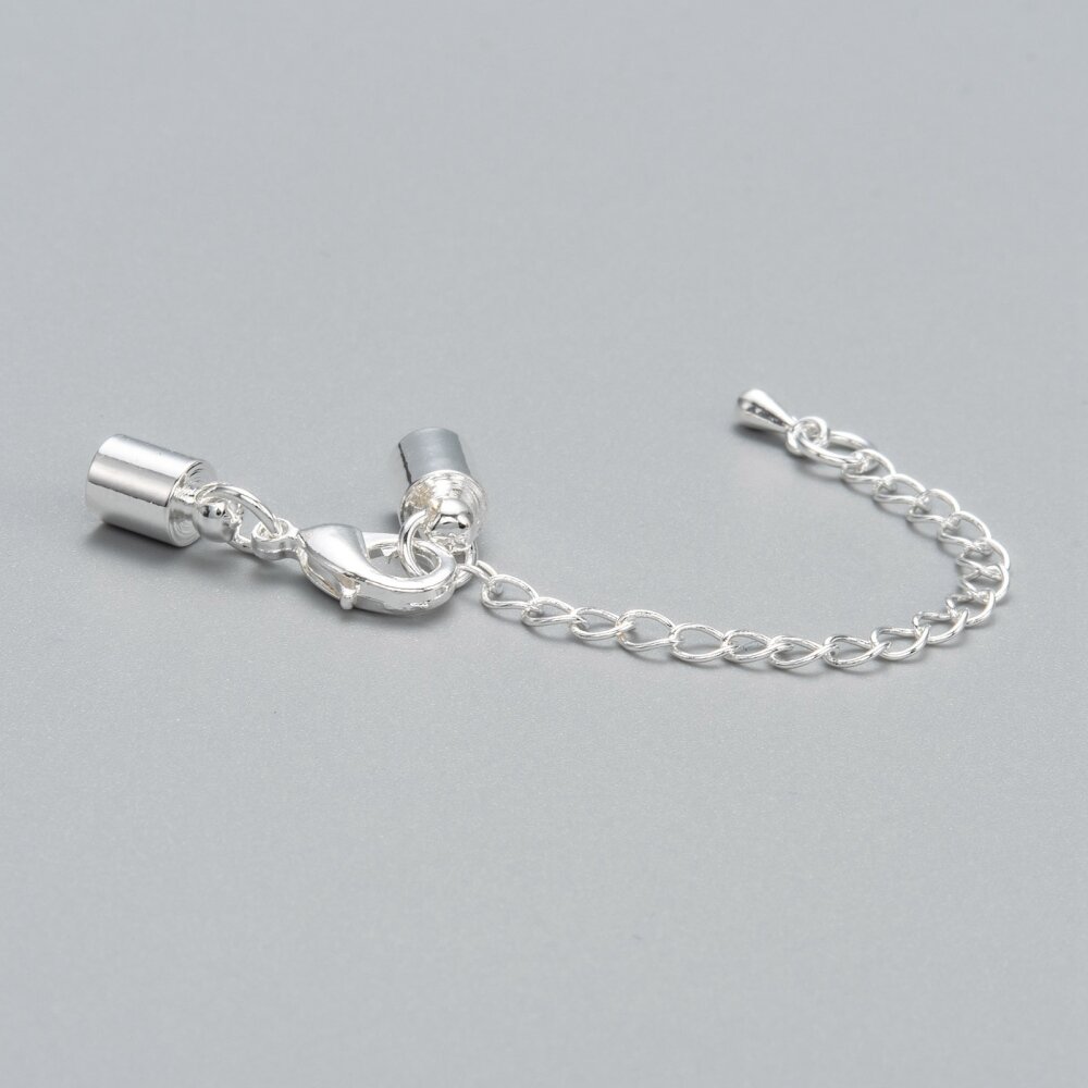 Застежка-карабин 12х7мм с удлиняющей цепочкой и клеевыми концевиками 9х5мм (внутренний размер 4-4.5мм), базовый материал - латунь, под серебро, 1 шт.