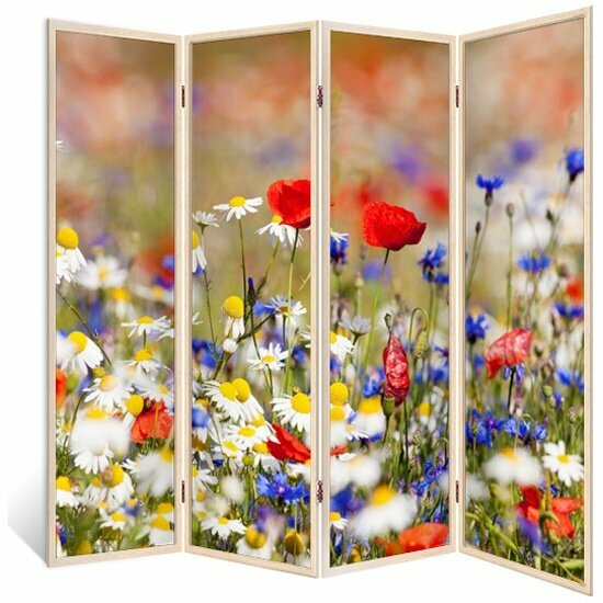 Ширма перегородка Декор Депо для комнаты деревянная "На поляне" двухсторонняя с картинкой (цветы) 4 створки кремовый дуб 176х185 см 14 кг