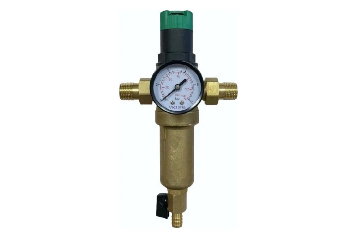 Victoria Фильтр с редуктором давления и манометром, промыв. для гор. воды 1/2"(тонкая очистка)с американками 27-707