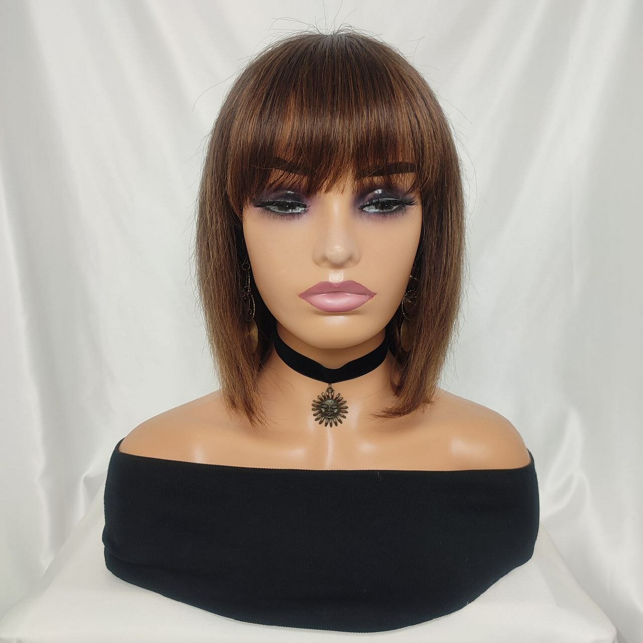 Парик женский, натуральные волосы, каре с челкой, коричневый, 32см