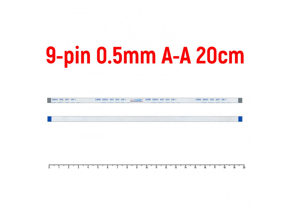 Шлейф FFC 9-pin Шаг 0.5mm Длина 20cm Прямой A-A AWM 20624 80C 60V VW-1