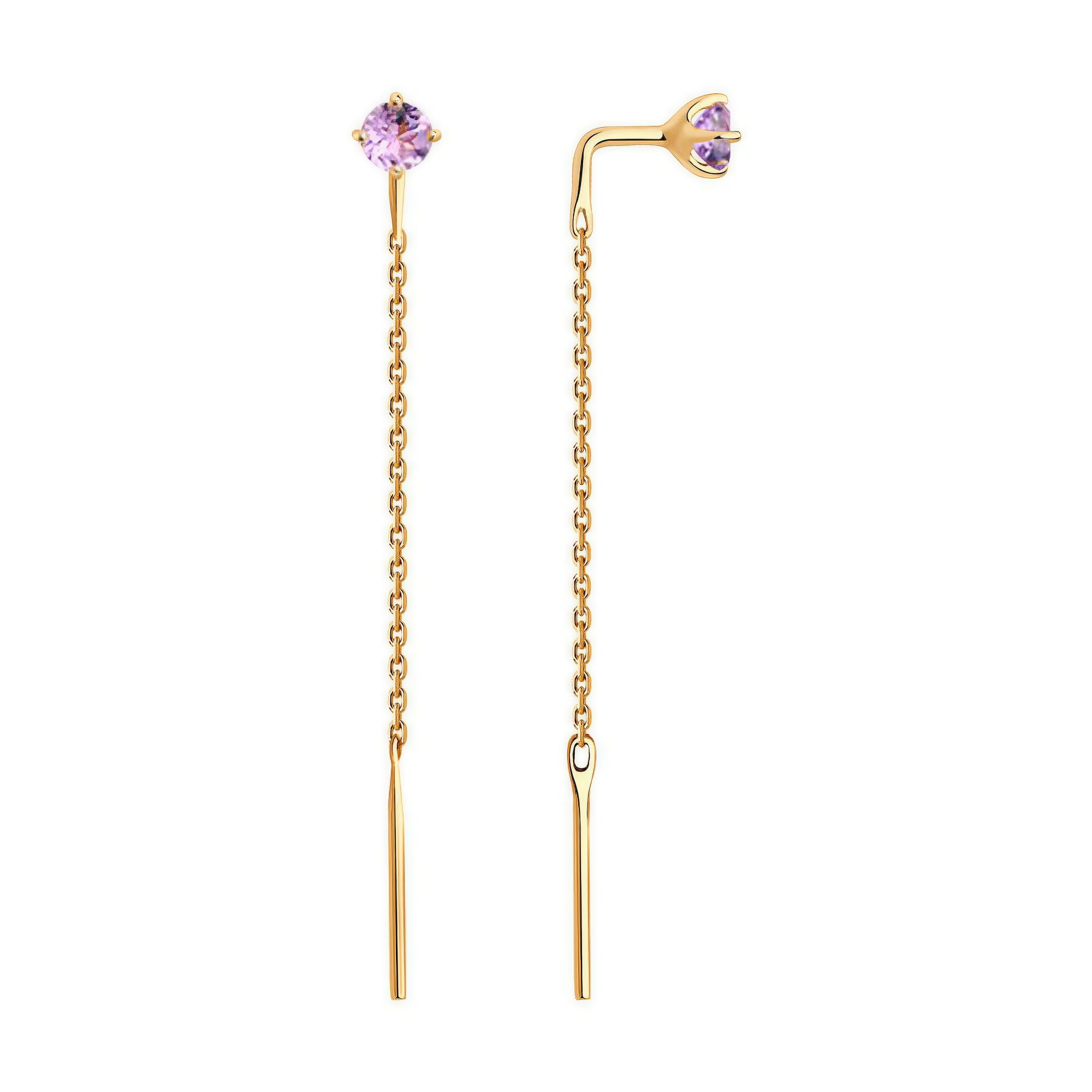 Серьги цепочки, красное золото, 585 проба, аметист