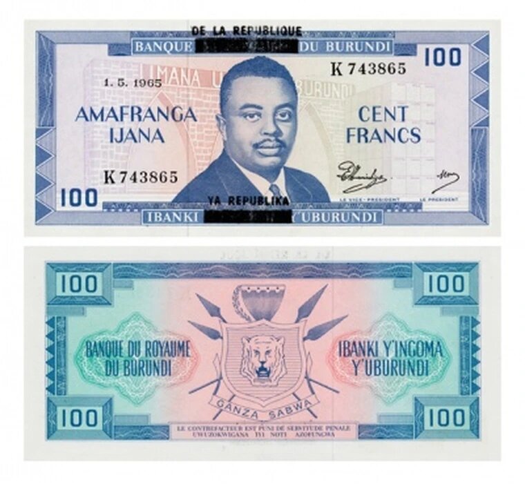 100 франков 1965 Республика Бурунди, сувенирная копия, банкноты и купюры редкие коллекционные