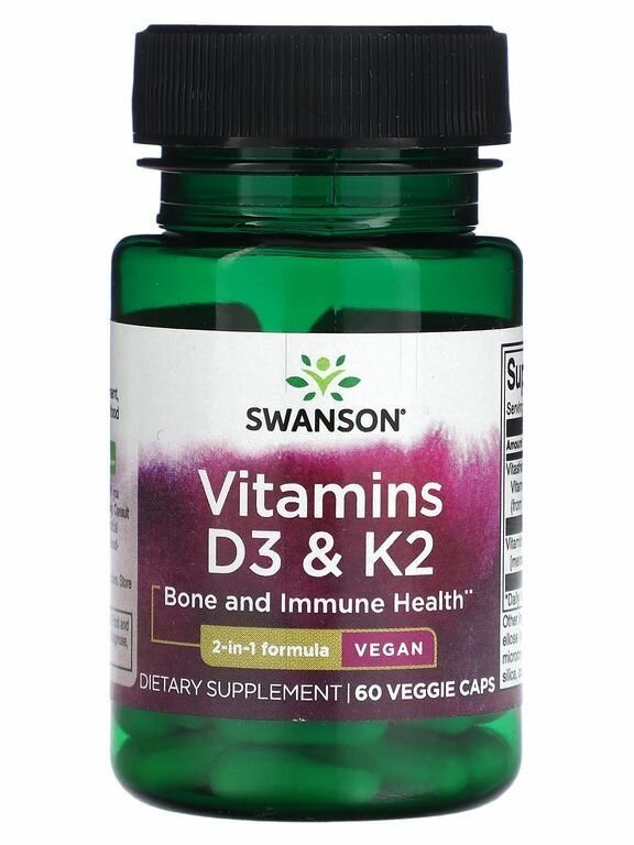 Витамины D3 и K2, 60 растительных капсул, Swanson
