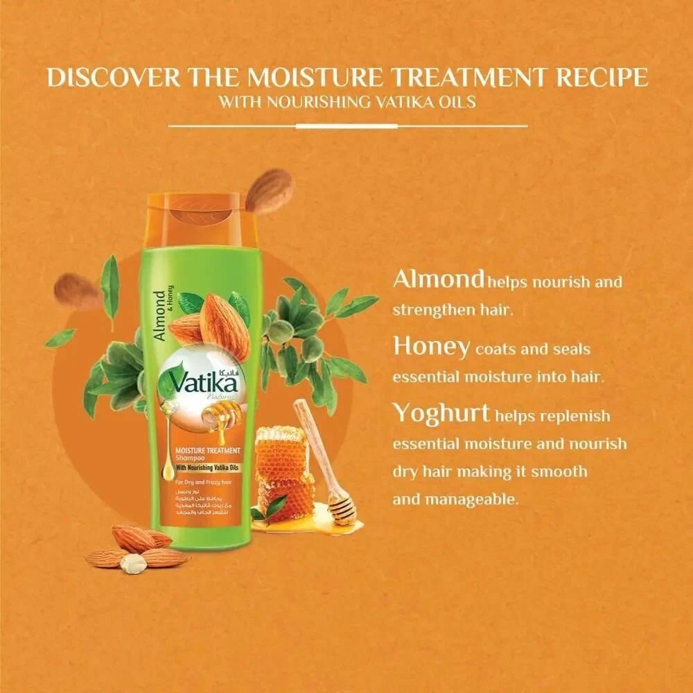 Миндаль и МЕД шампунь увлажняющий для сухих, вьющихся и жестких волос Ватика Дабур Vatika ALMOND AND HONEY Moisture Treatment Shampoo, Dabur 200 мл.
