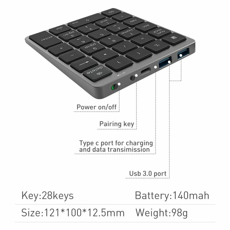 Цифровая клавиатура Bluetooth с USB концентратором 3.0