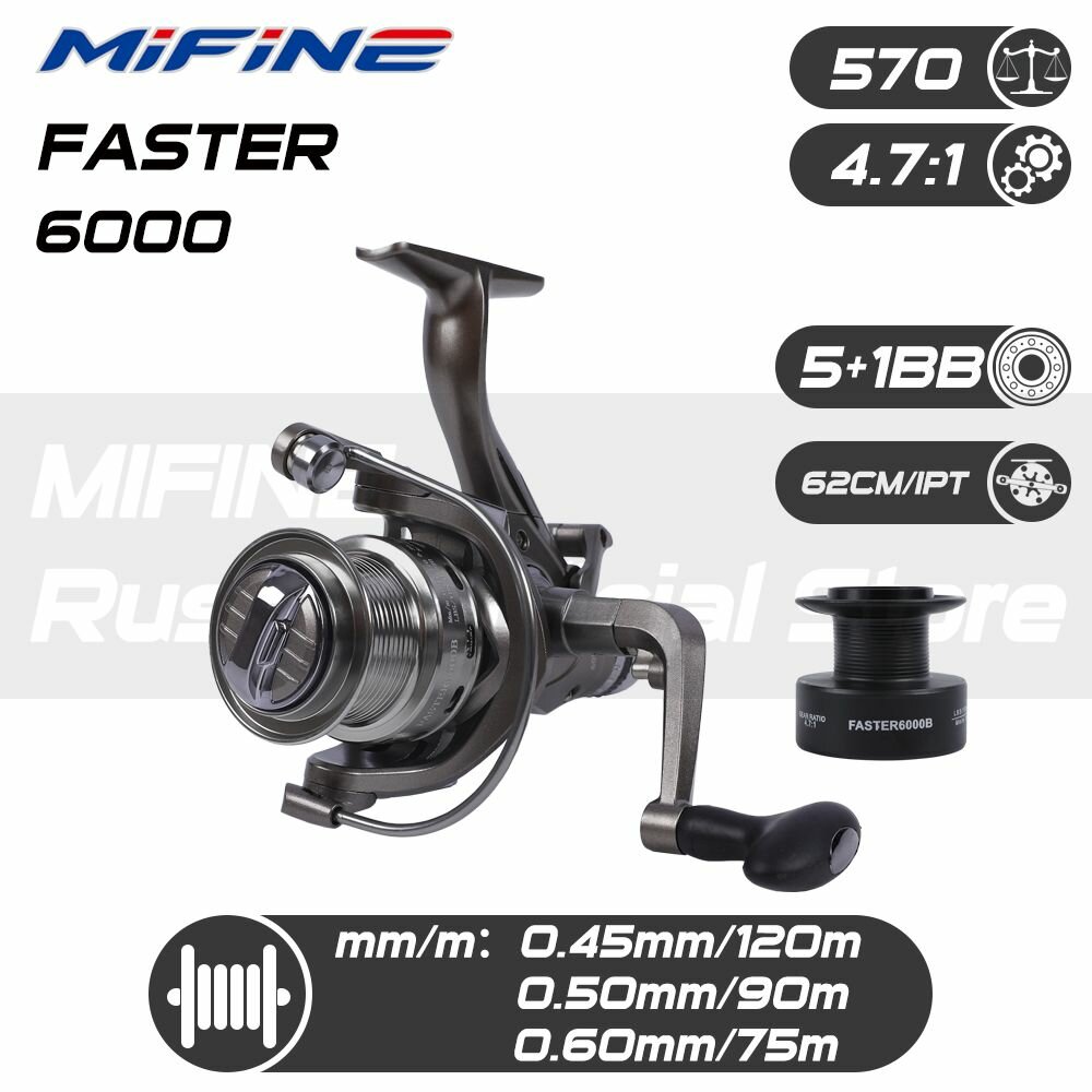 Карповая катушка с системой бейтранер MIFINE FASTER 6000B 5+1 подшипник; металлическая шпуля