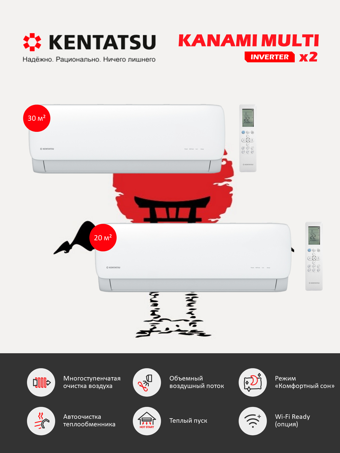 Мульти сплит система Kentatsu Kanami KMGA26+KMGA35/K2MRB50HZRN1 на 6кВт, на 2 комнаты 20 и 30 м2, А, белый