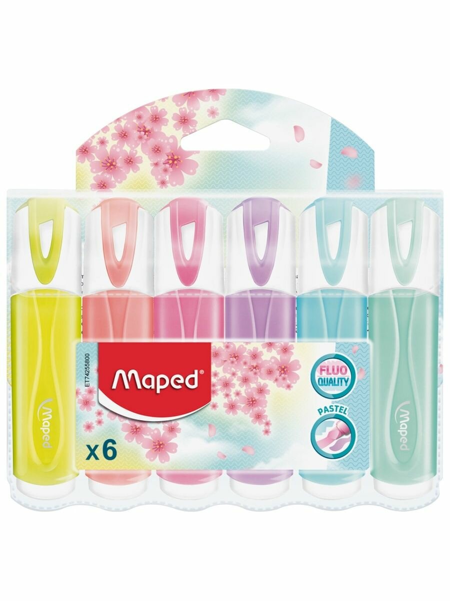Текстовыделители Maped "Fluo Pep's Pastel", набор 6 шт, скошенные 1-5 мм, пастель