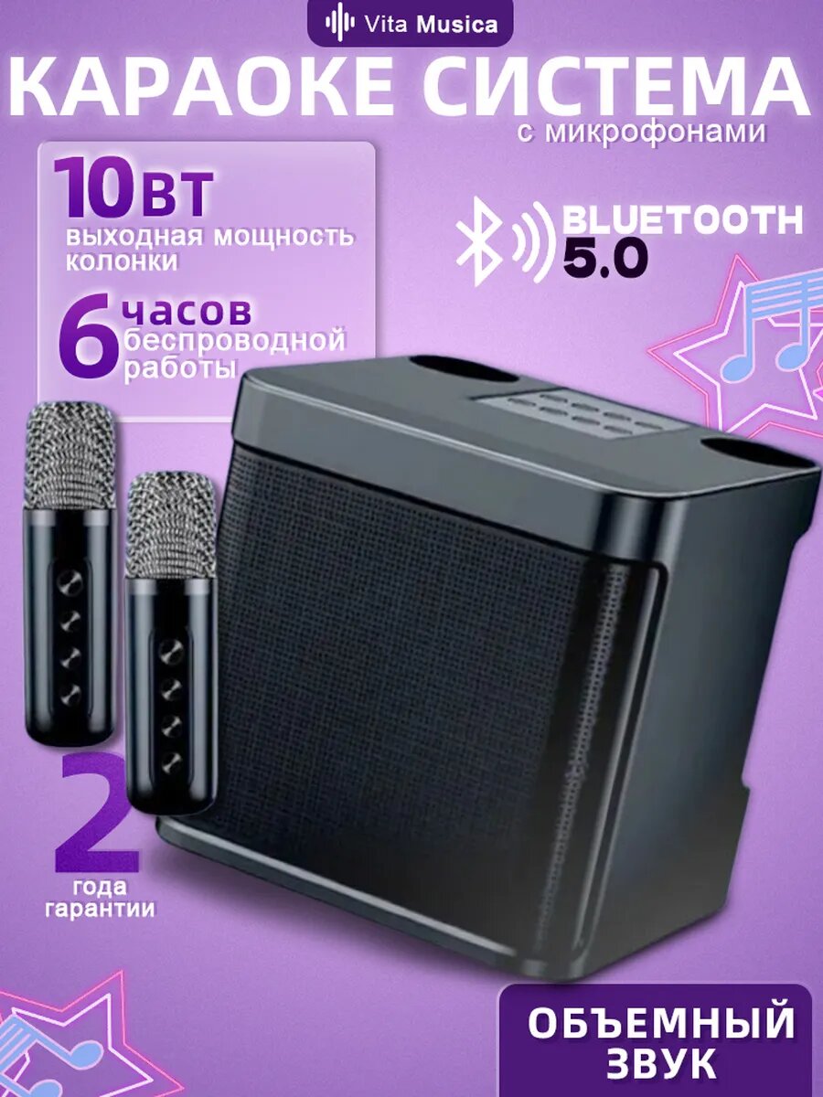 Караоке колонка беспроводная маленькая с двумя микрофонами