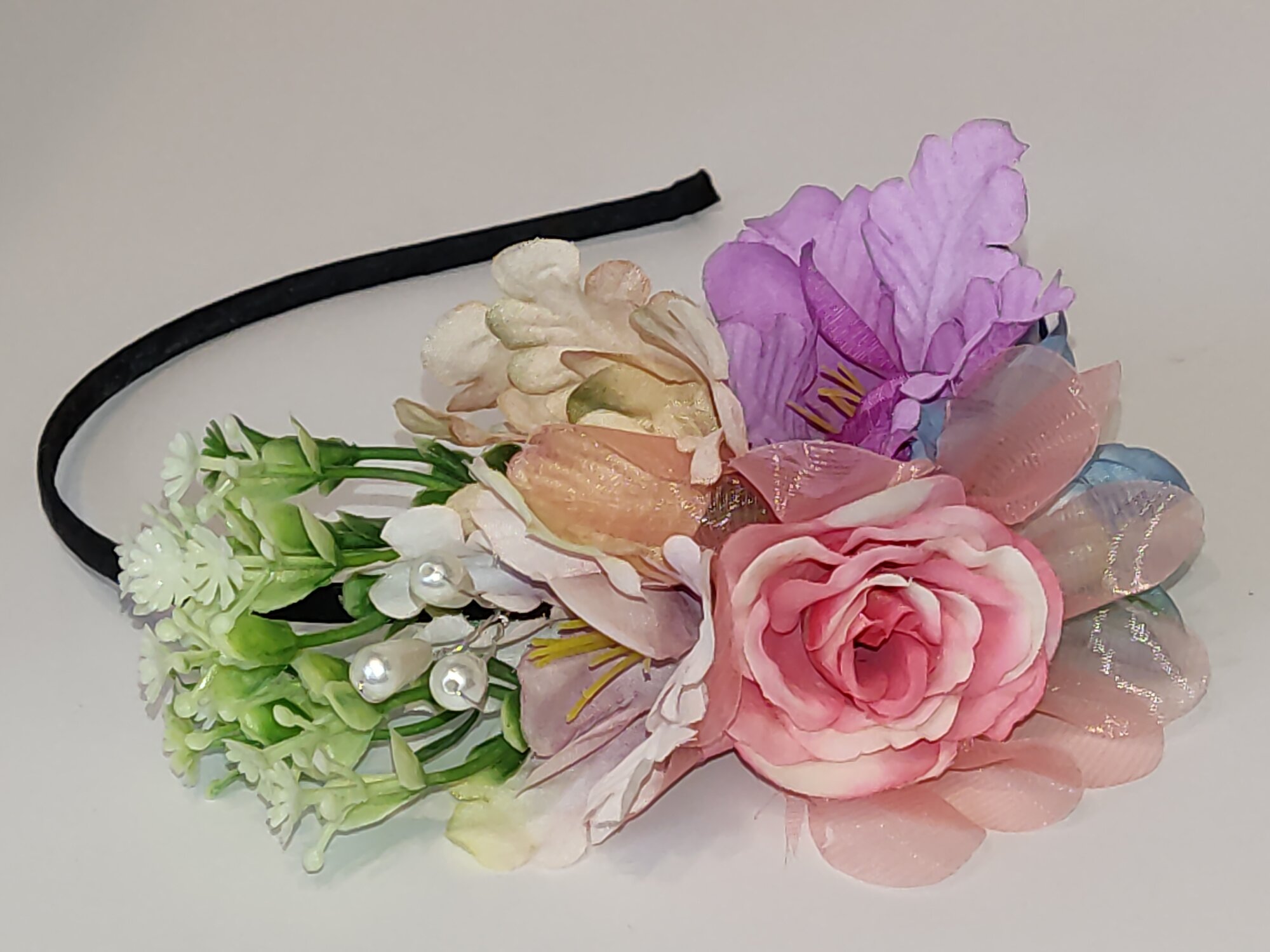 Ободок для волос "Цветы", металл, ручной работы, розовый/голубой/сиреневый
