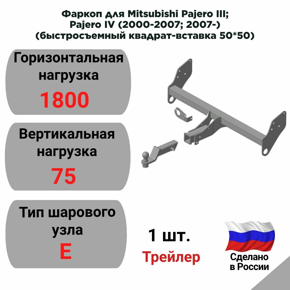 Фаркоп для Mitsubishi Pajero III; Pajero IV (2000-2007; 2007-) (быстросъемный квадрат-вставка 50*50) "Трейлер" 7121